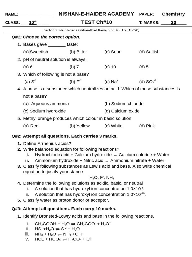 Ch#10 Chemistry Quiz | PDF