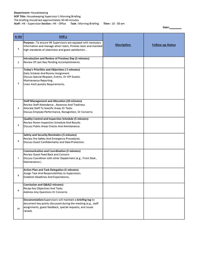 Housekeeping Supervisor Morning Briefing | PDF | Housekeeping