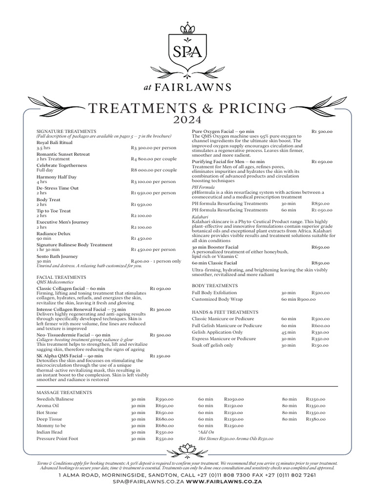 Fairlawns Treatment Menu | PDF