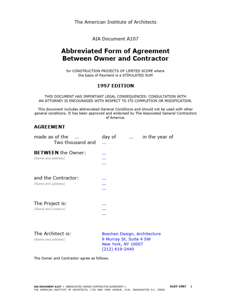 AIA A107 Owner-Contractor Agreement | PDF | Indemnity | Arbitration