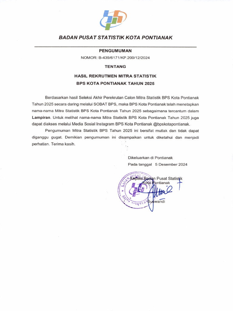 Pengumuman Hasil Rekrutmen Mitra Statistik BPS Kota Pontianak Tahun 2025 | PDF