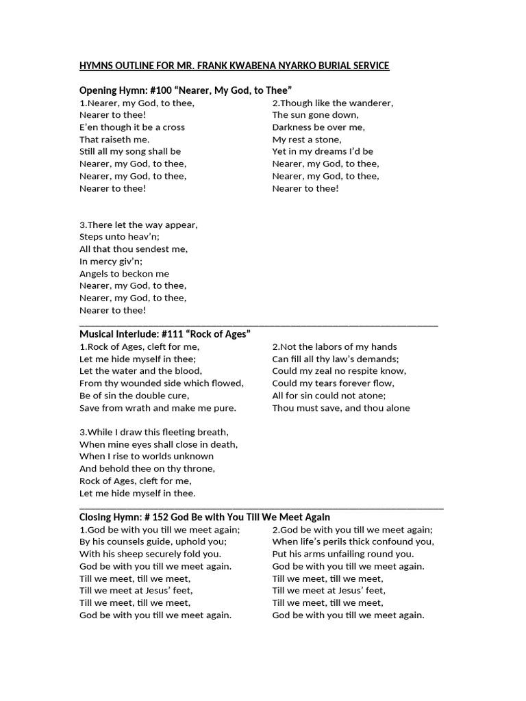 Hymns for Frank Nyarko's Burial Service | PDF
