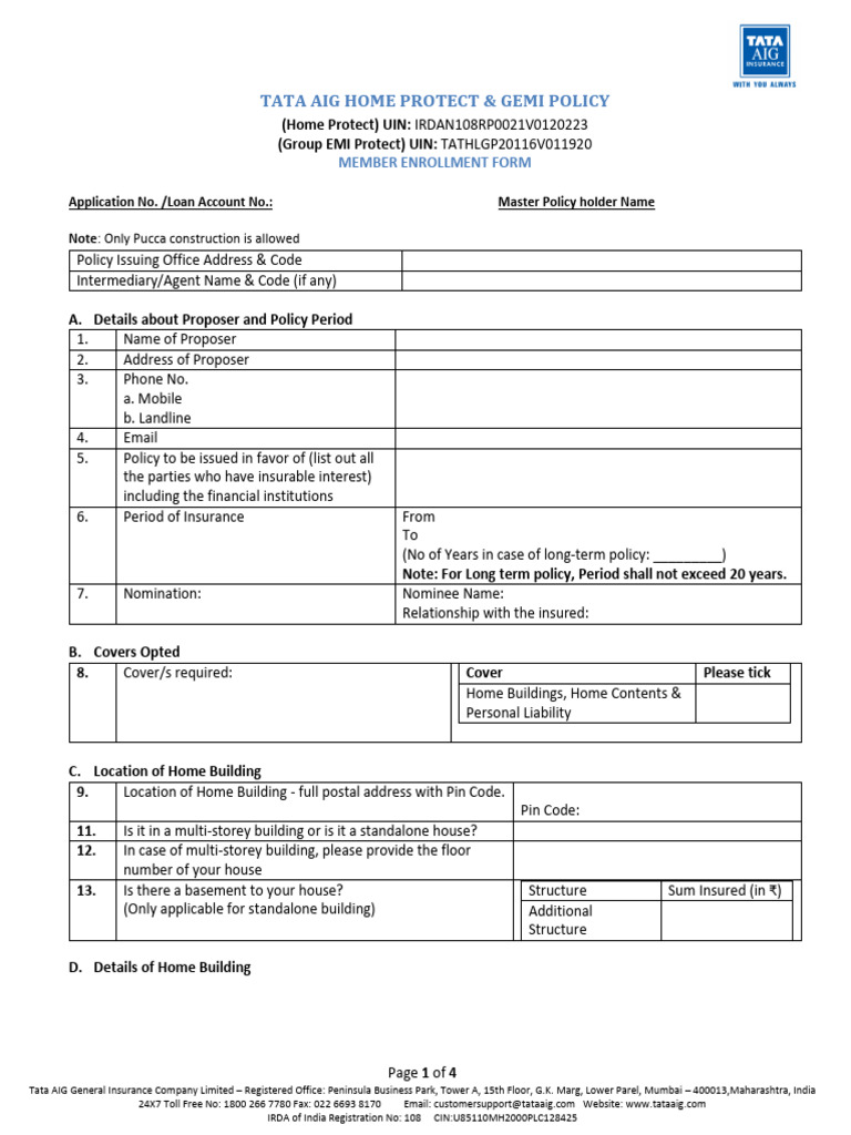 Tata AIG Home Protect Policy Form | PDF | Insurance | Business Law