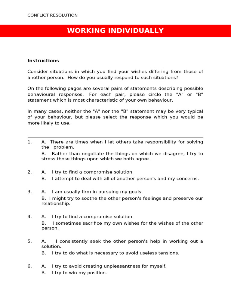 Working Individually - Conflict Resolution - TEST | PDF | Conflict ...