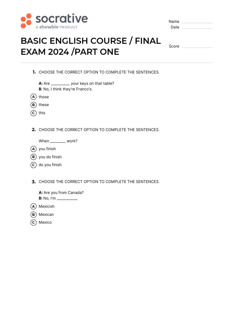 Quiz - Basic English Course Final Exam 2024 Part One | PDF | Vegetables | Crops