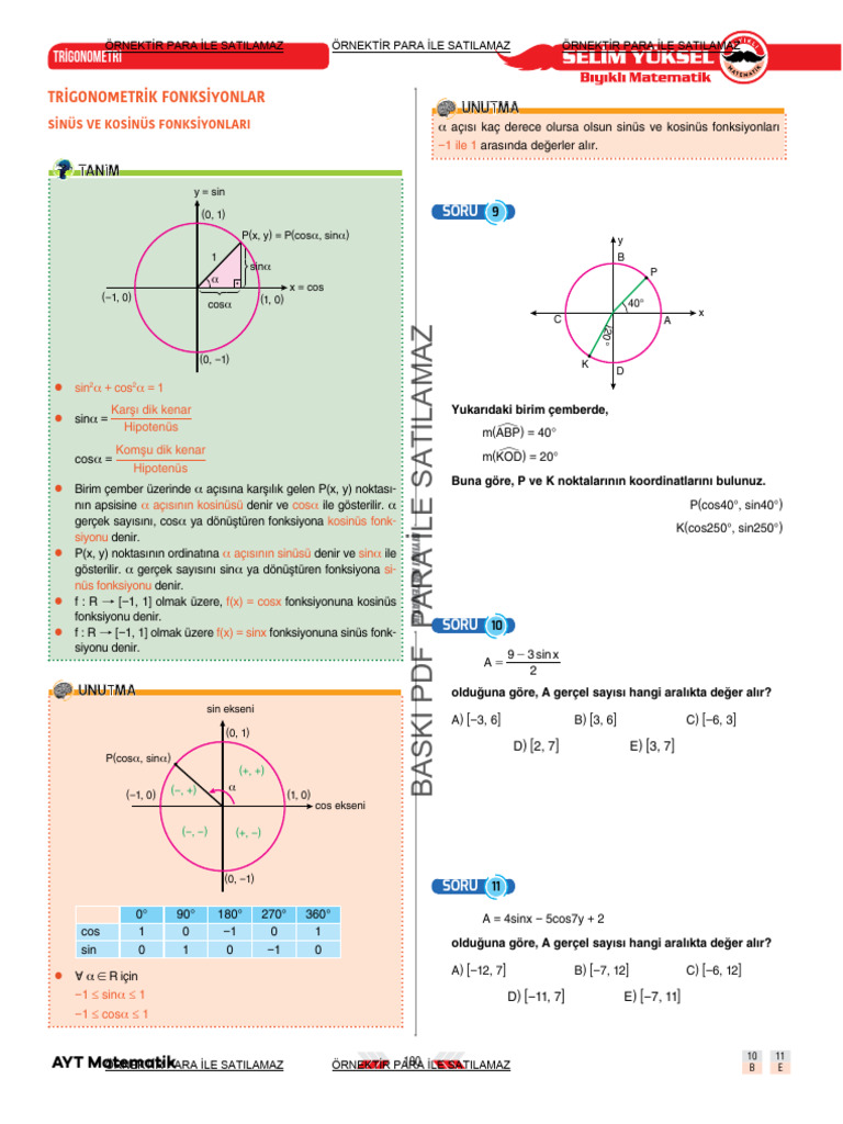 Ayt Matematik Trigonometri Trigonometrik Fonksiyonlar 1 Konu Anlatimi | PDF