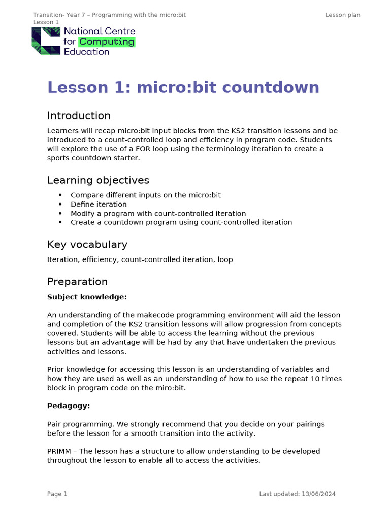 L1 Lesson plan microbit countdown | PDF | Control Flow | Iteration