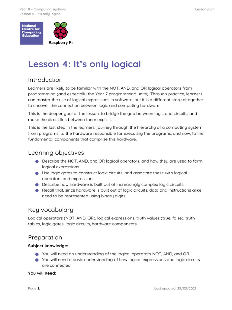 L4 Lesson Plan - Computing Systems - Y8 | PDF | Logic Gate | Logic