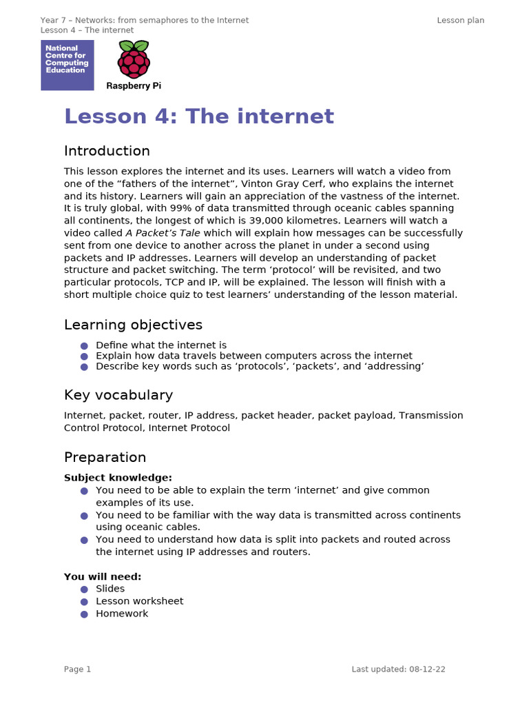L4 Lesson Plan - Networks - From Semaphores To The Internet - Y7 | PDF | Router (Computing ...