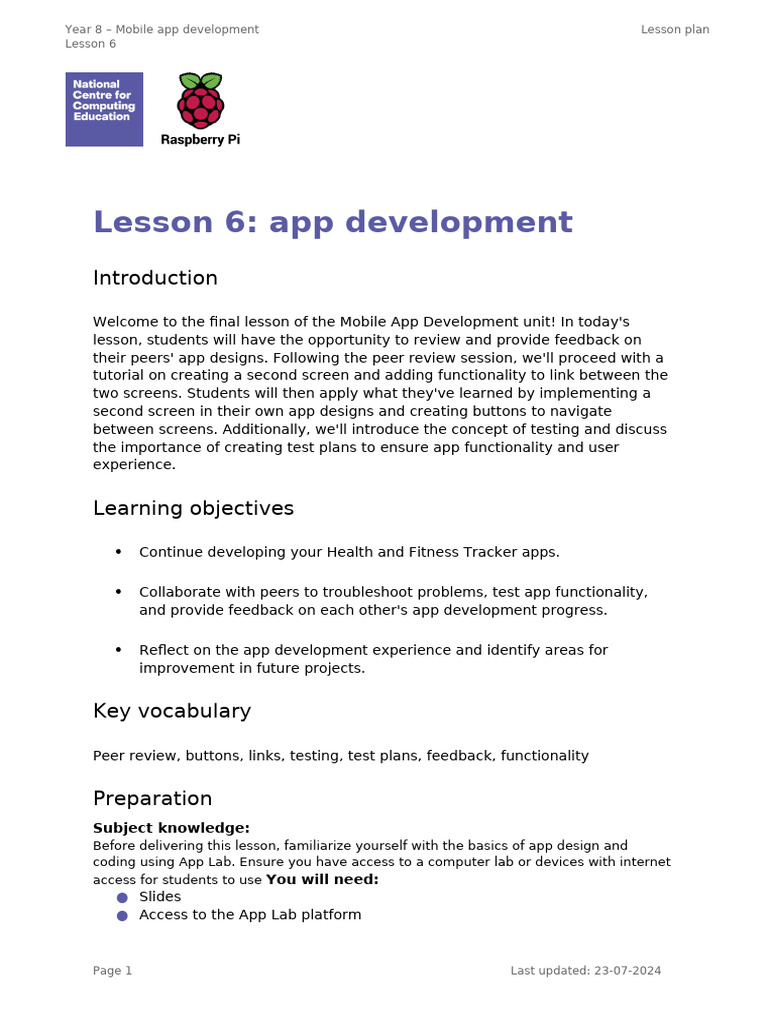L6 Lesson plan - Mobile app development - Y8 | PDF | Usability | Computing