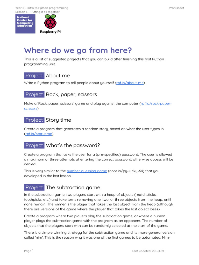 L6 Resource - Where Do We Go From Here - Intro To Python Programming - Y8 | PDF