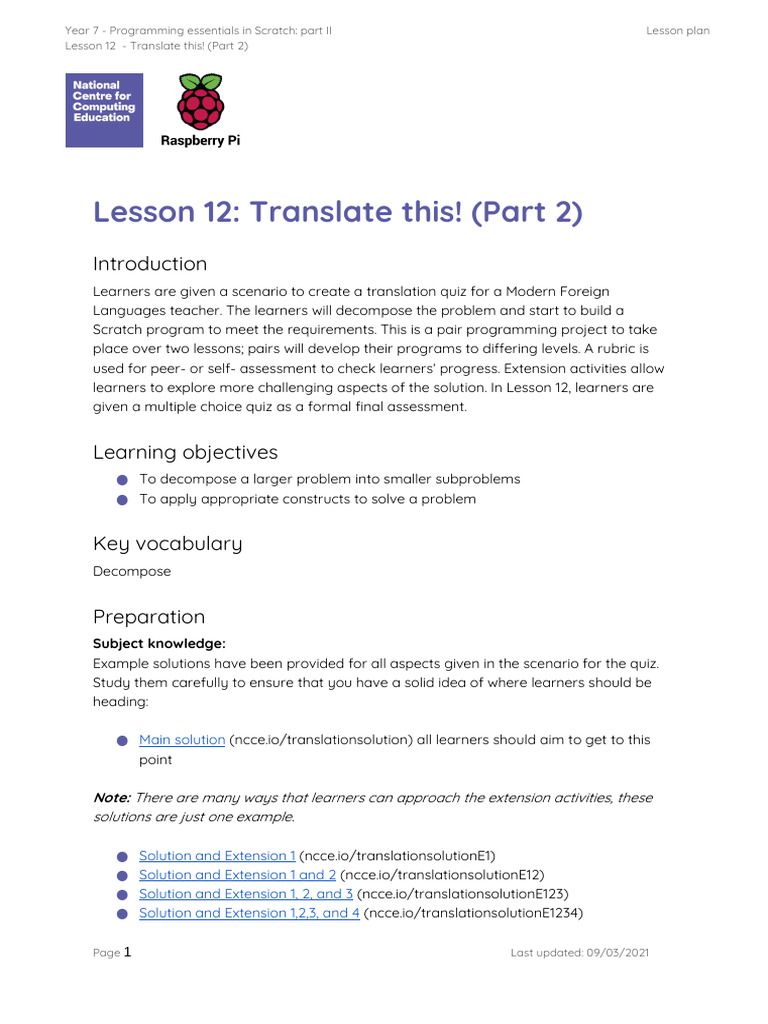 L12 Lesson Plan - Programming Essentials in Scratch - Part II - Y7 | PDF | Lesson Plan ...