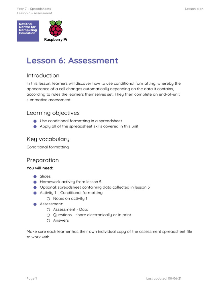 Lesson Plan - Modelling Data - Spreadsheets - Assessment - Lesson 6 | PDF | Spreadsheet | Lesson ...