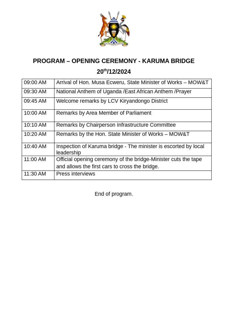 Program - Karuma Bridge Opening Ceremony | PDF