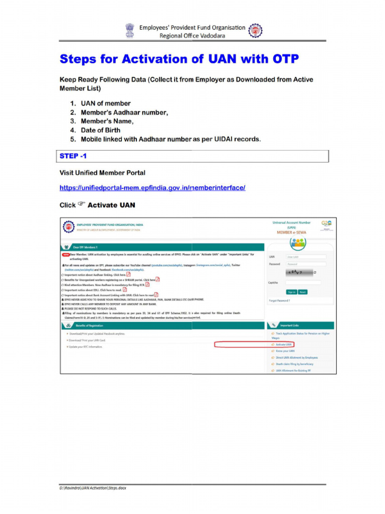 Steps For Activation of UAN With OTP | PDF