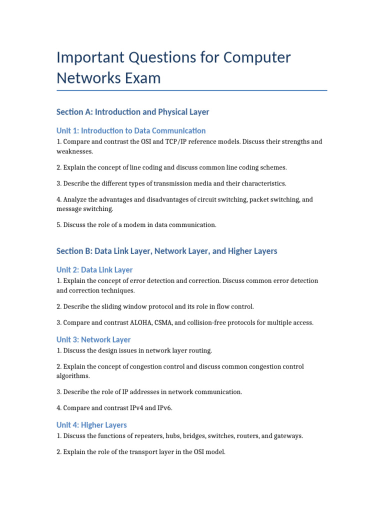 Important Questions For Computer Networks Exam | PDF