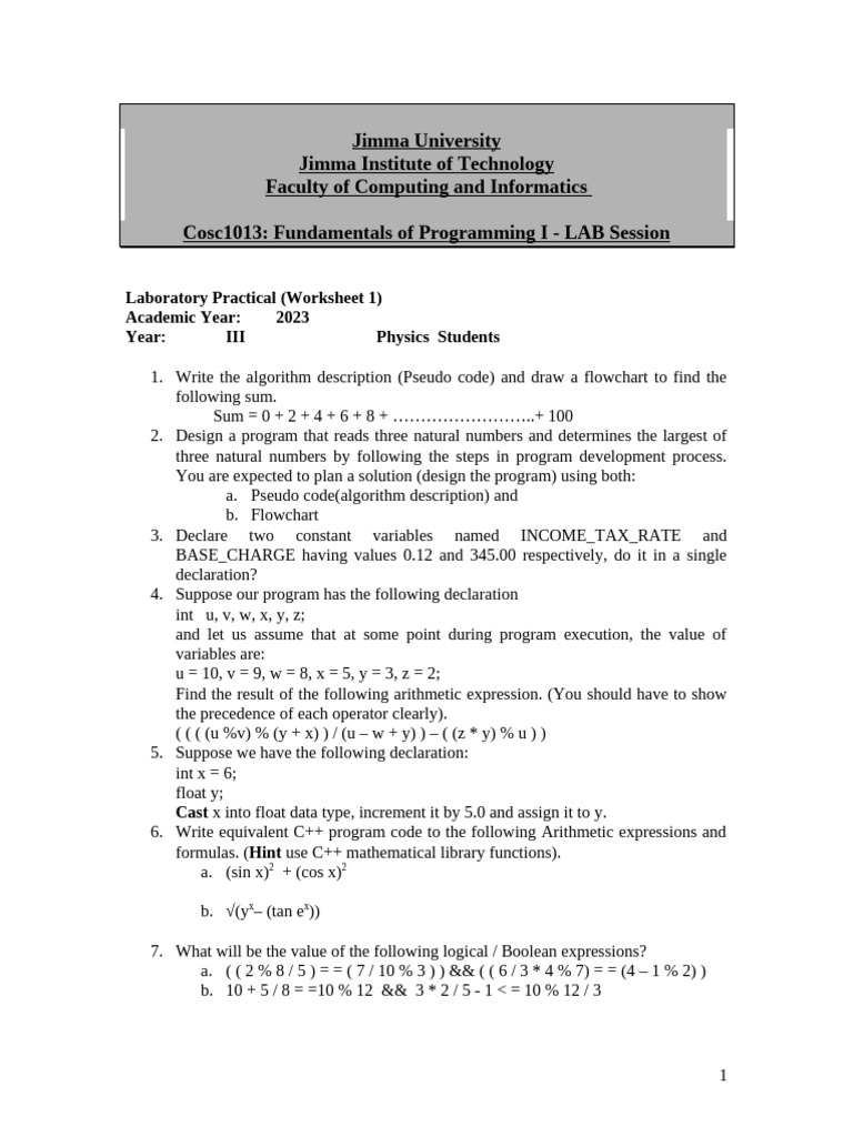 worksheet1 | PDF | Integer (Computer Science) | Algorithms worksheet1 | PDF | Integer (Computer Science) | Algorithms