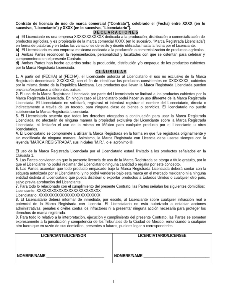 Contrato de Licencia de Uso de Marca Template | PDF | Marca comercial ...