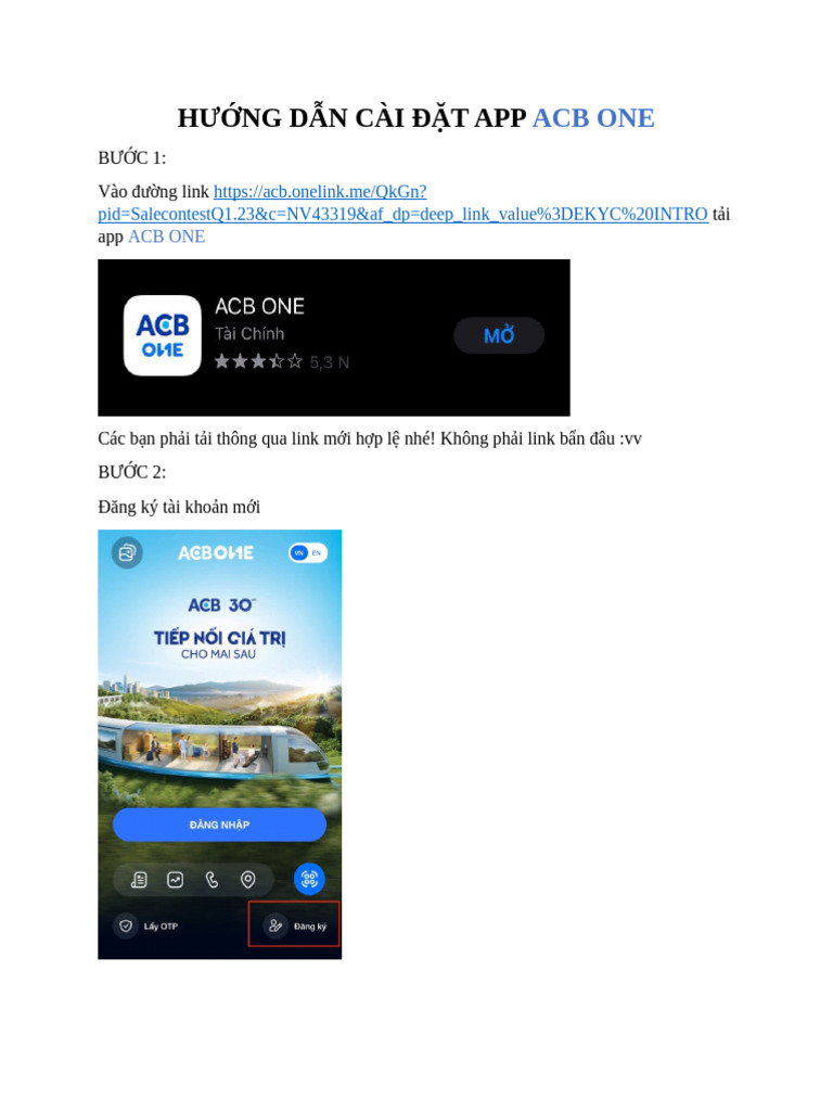 HƯỚNG DẪN CÀI ĐẶT APP ACB ONE | PDF