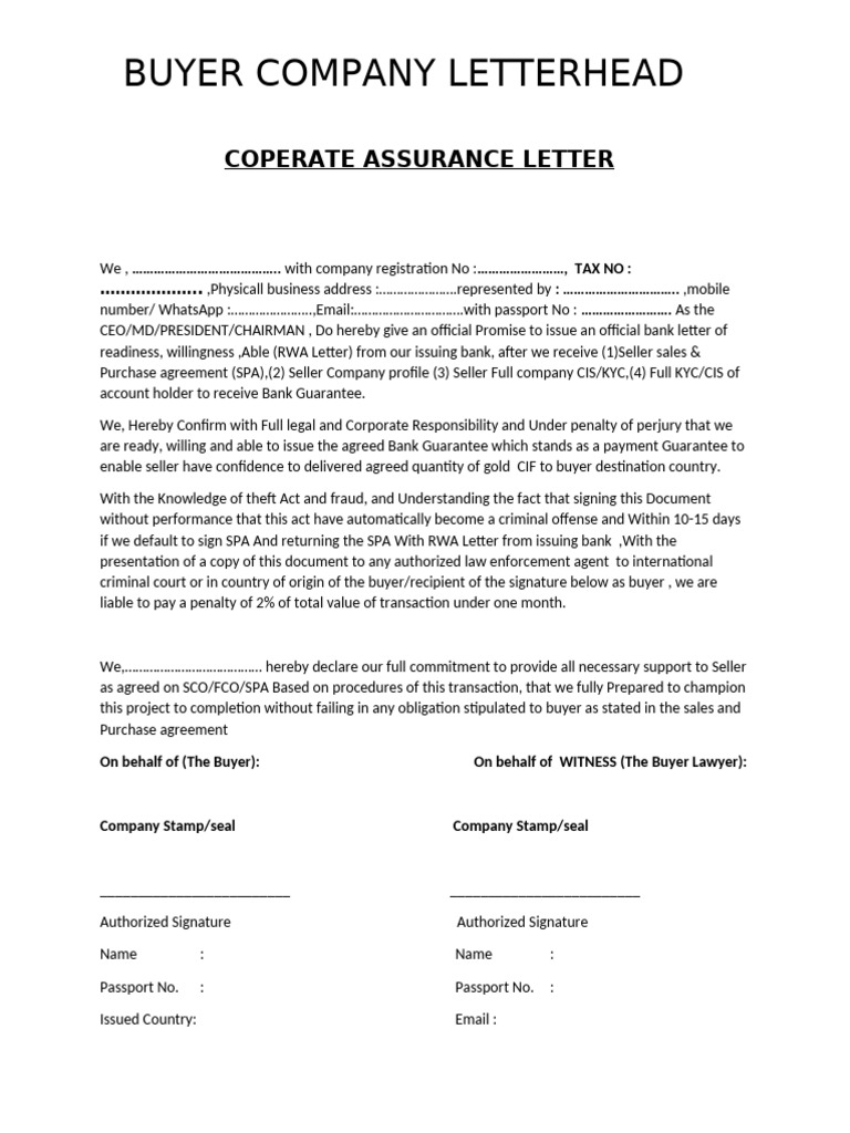 Coperate Assurance Letter To Issue RWA Letter | PDF | Common Law ...