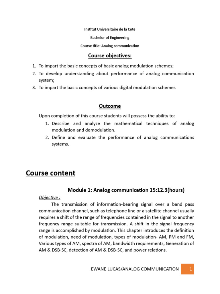 Analog Communication Course Overview | PDF | Modulation | Digital Signal