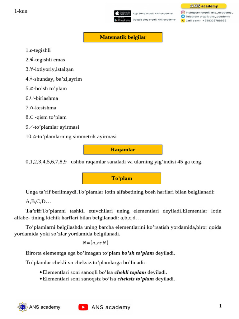 Matematika Ma'Ruza 1-Kun | PDF