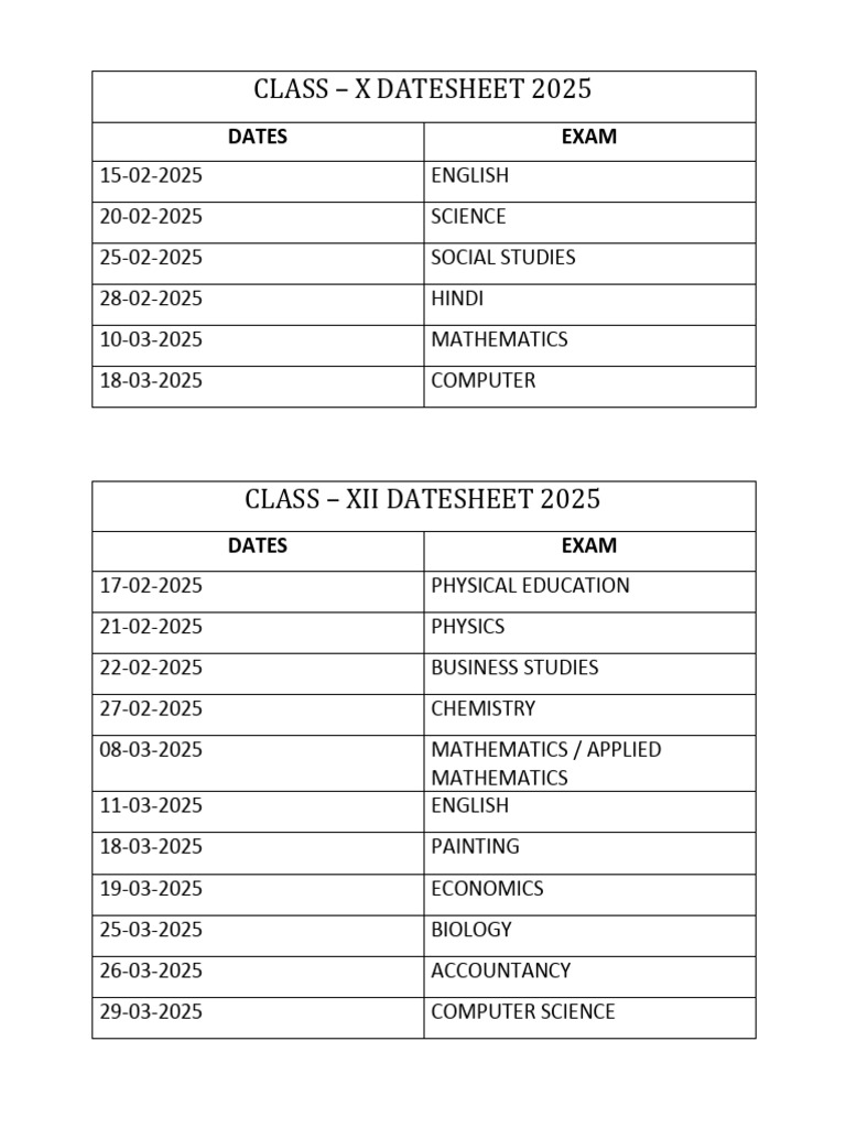 Board Datesheet 2025 | PDF