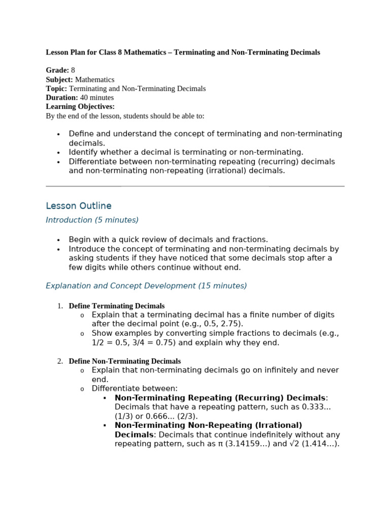 Lesson Plan Class 8th Mathematics | PDF | Decimal | Numbers