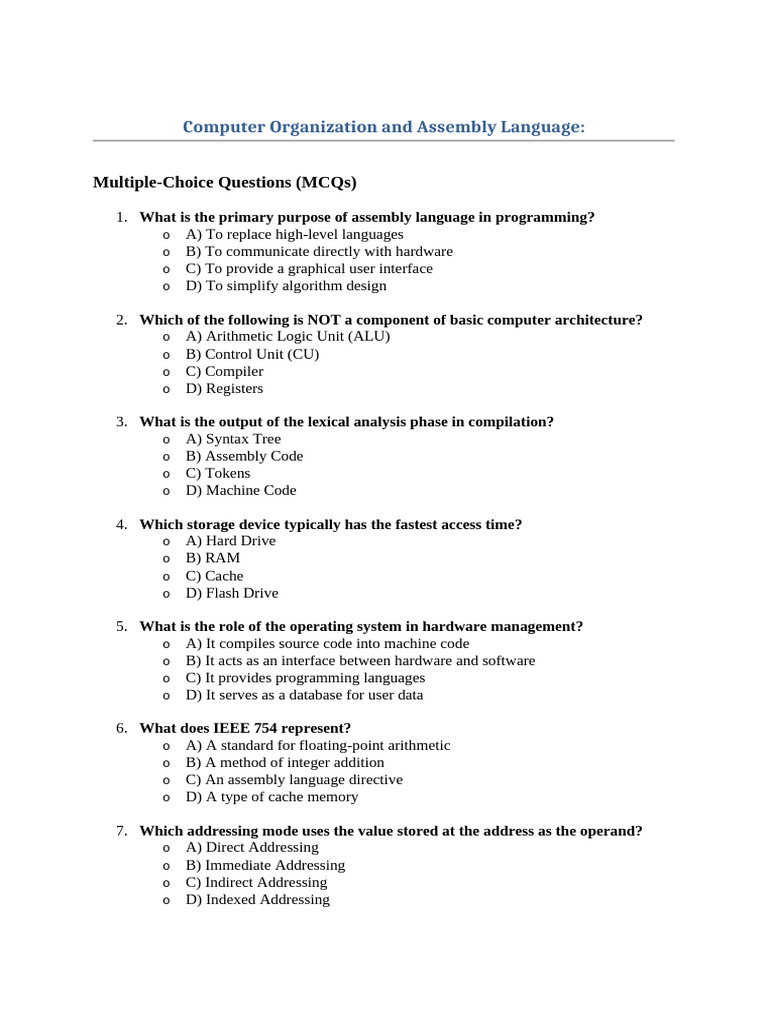 Assembly Language MCQs & Insights | PDF | Assembly Language | Computer Data Storage