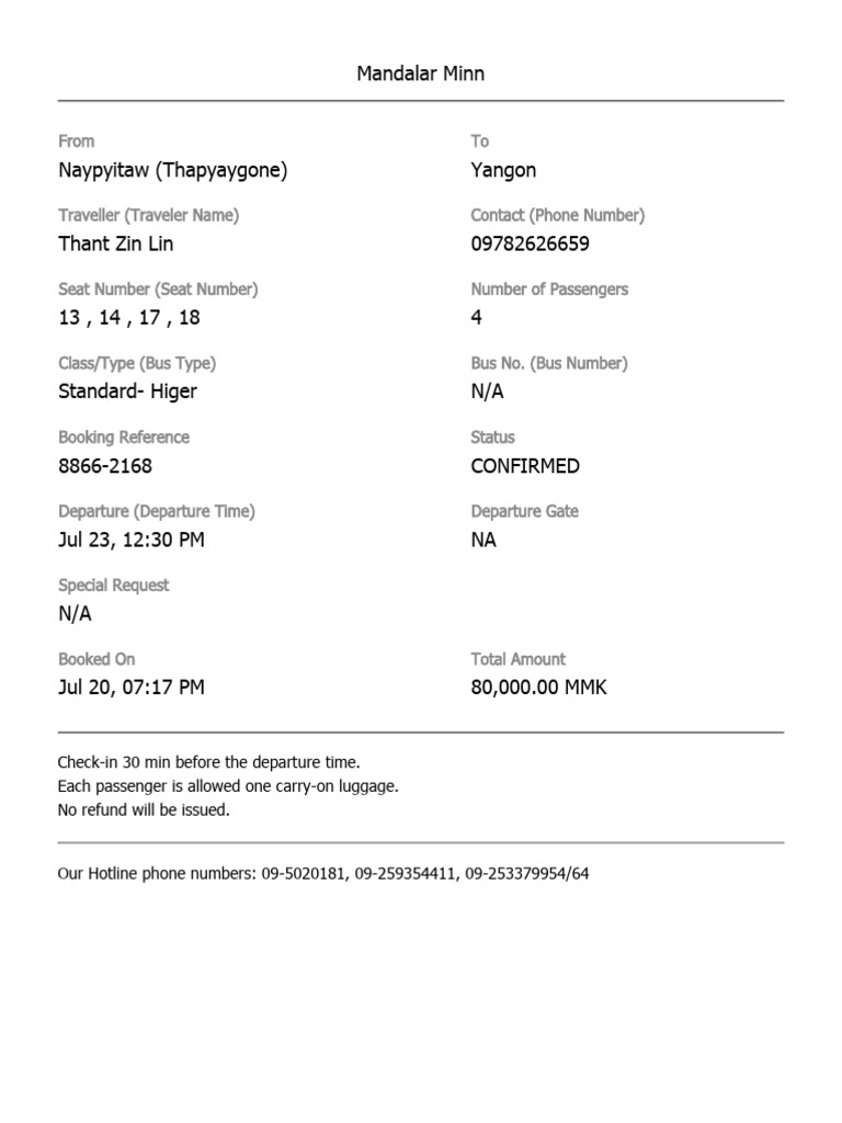 Mandalar Minn Bus Ticket Confirmation | PDF