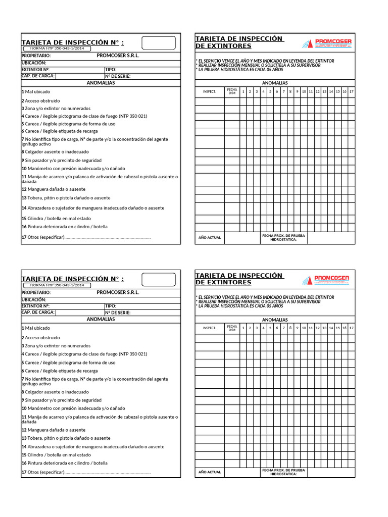 Tarjetas de inspección de EXTINTORES_PROMCOSER 30.01.2024 | PDF | Incendios | La seguridad