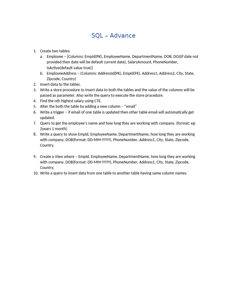 SQL questions for Advance | PDF SQL questions for Advance | PDF