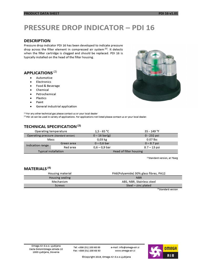 Omega Air Product Data Sheet Pressure Drop Indicator PDI16 | PDF ...