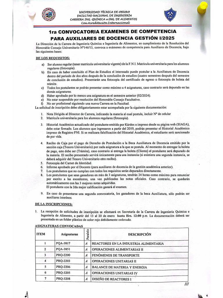 1ra Convocatoria Examen de Competencia para Auxiliares de Docencia Gestión l2025 | PDF