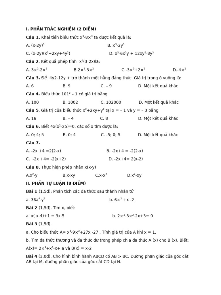 Đề ktra gk1 toán 8 | PDF