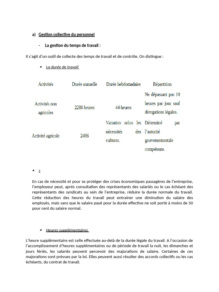 Gestion collective du personnel | PDF | Heures supplémentaires | Temps ...