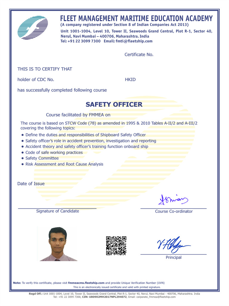 Safety Officer Course Completion Certificate | PDF