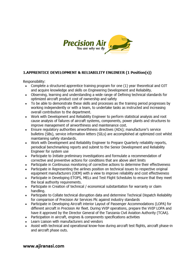 ajiranasi.com-PRECISION-AIRLINE-LIMITED-VACANCIES | PDF | Reliability Engineering | Engineering