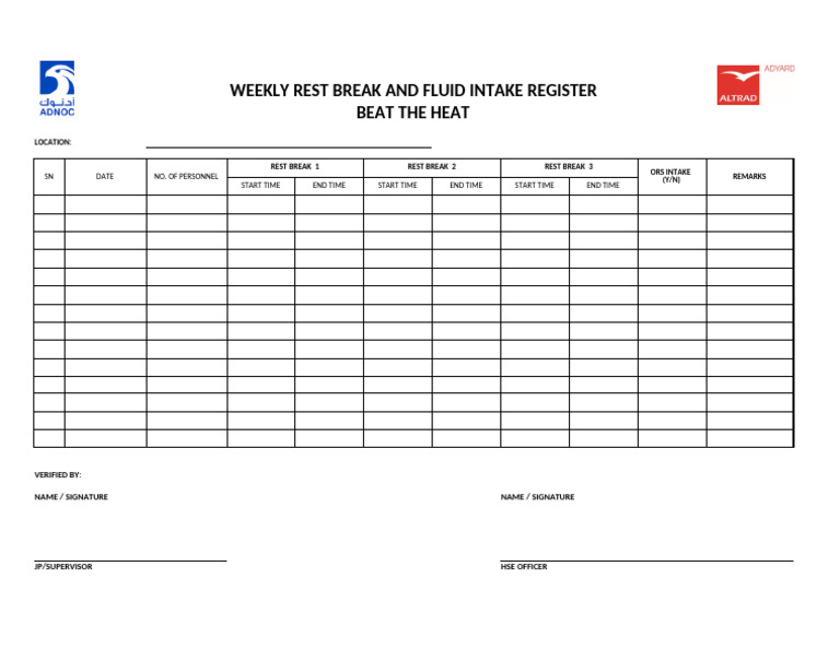 Weekly Rest and Fluid Intake Log | PDF