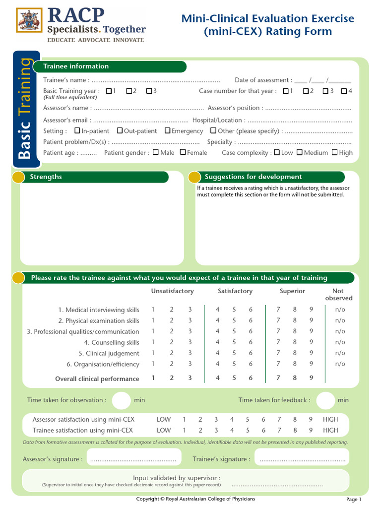 Mini-Clinical Evaluation Exercises (Mini-CEX) by Royal Australasian College of Physiciians | PDF ...