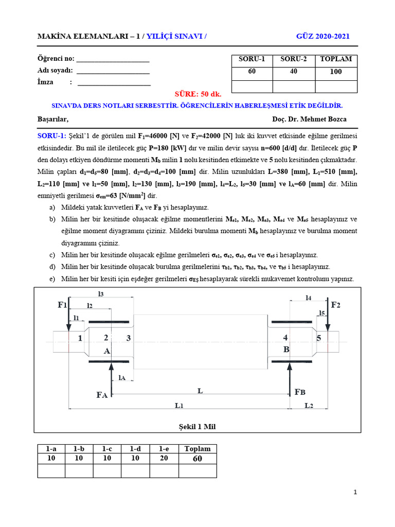 Makine Elemanları 2020 Vize Mehmet Bozca | PDF
