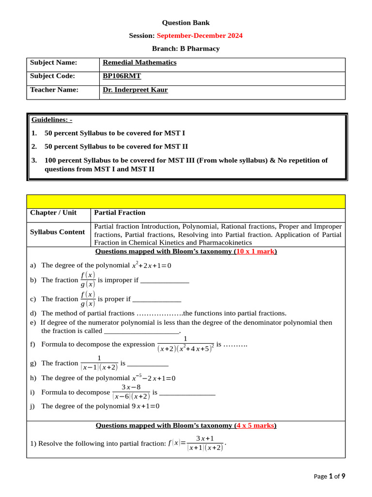 Question Bank Format B Pharmacy | PDF | Matrix (Mathematics) | Determinant