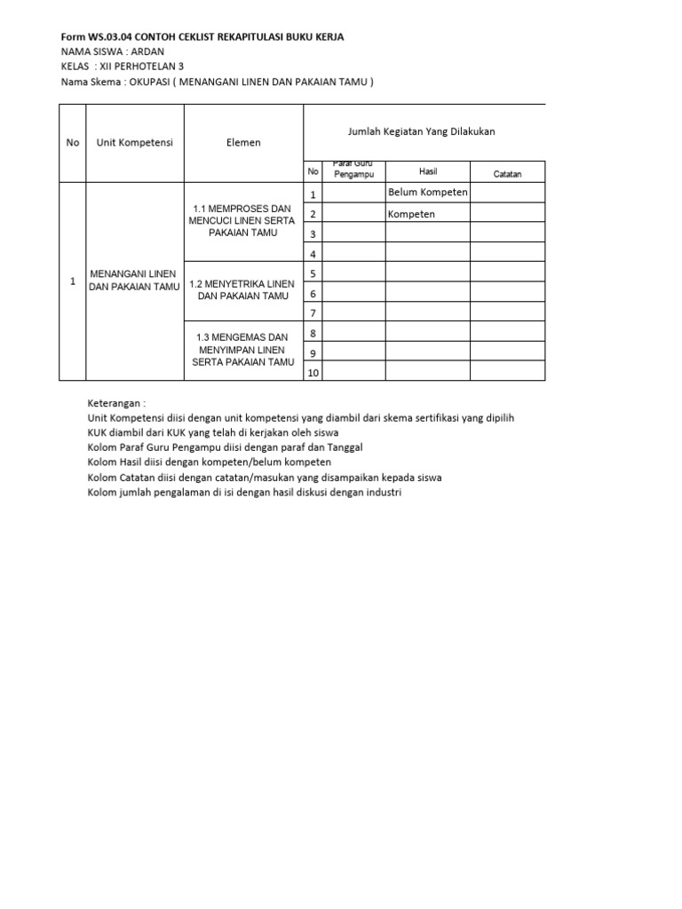 Form LK WS.03.04 Contoh Ceklist Rekapitulasi Buku Kerja | PDF