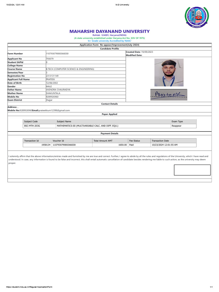 MDU Re-appear Application Form 2024 | PDF