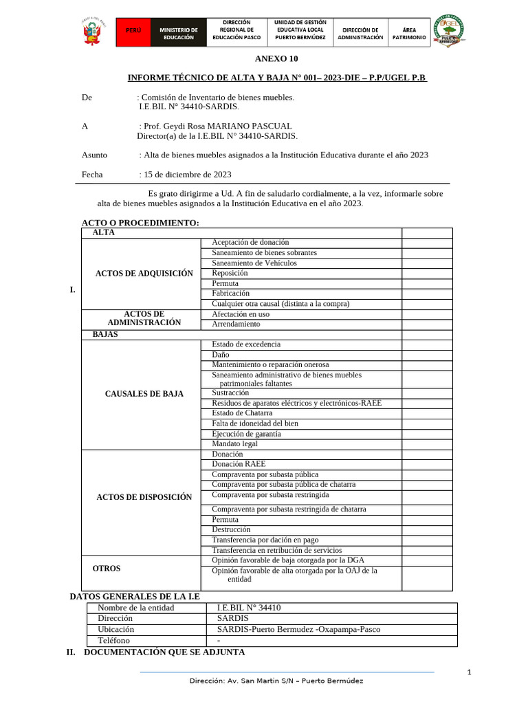 INFORME TECNICO N° 001 DE ALTA Y BAJA 2023 SARDIS | PDF | Regulación | Estado (política)
