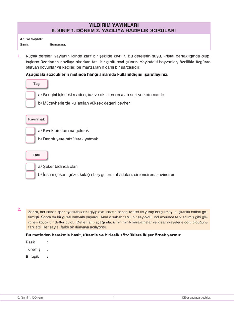6 Sinif Ortak Yazili Sinav 1-2 (Turkce) Yildirim | PDF
