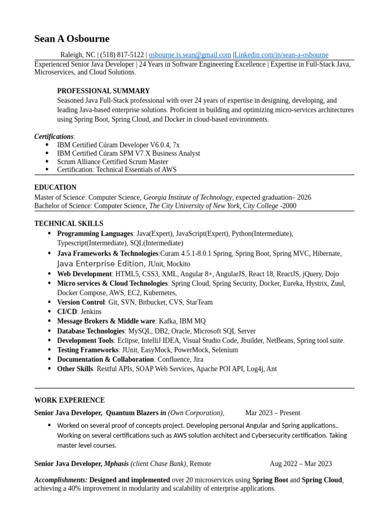 Sean - A - Osbourne - Developer - 12 - 5 - 2024 | PDF | Ibm Db2 | Java (Programming Language)