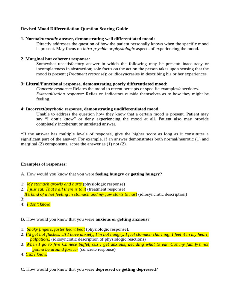 Revised Mood Differentiation Question Scoring Guide | PDF | Anger ...