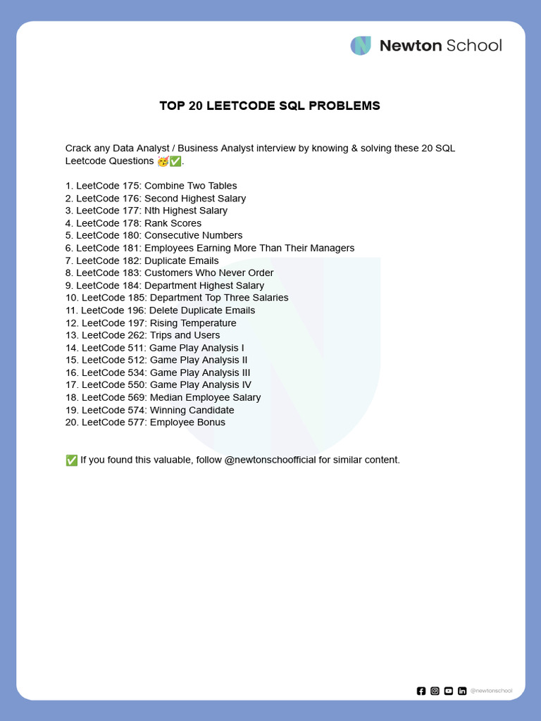 Top 20 Leetcode SQL Problems | PDF Top 20 Leetcode SQL Problems | PDF