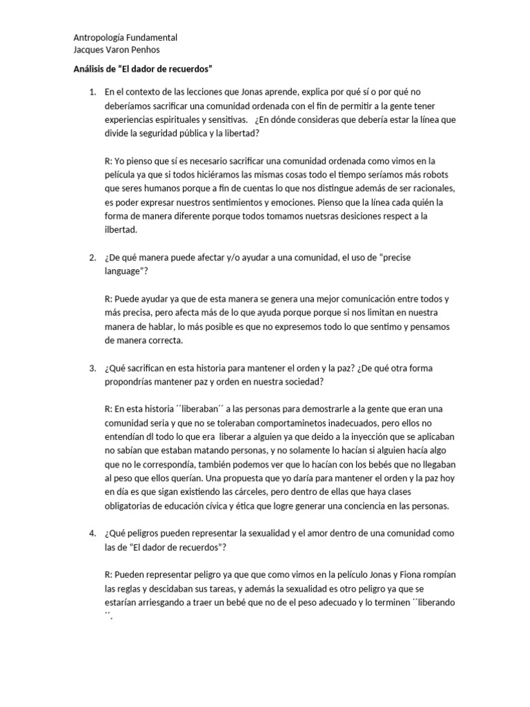 Análisis de "El dador de recuerdos" | PDF | El dador | Amor